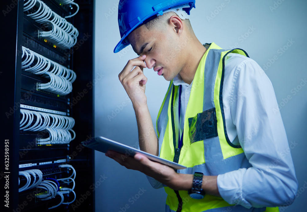 Electrician, tablet and control room, man with headache and technology ...