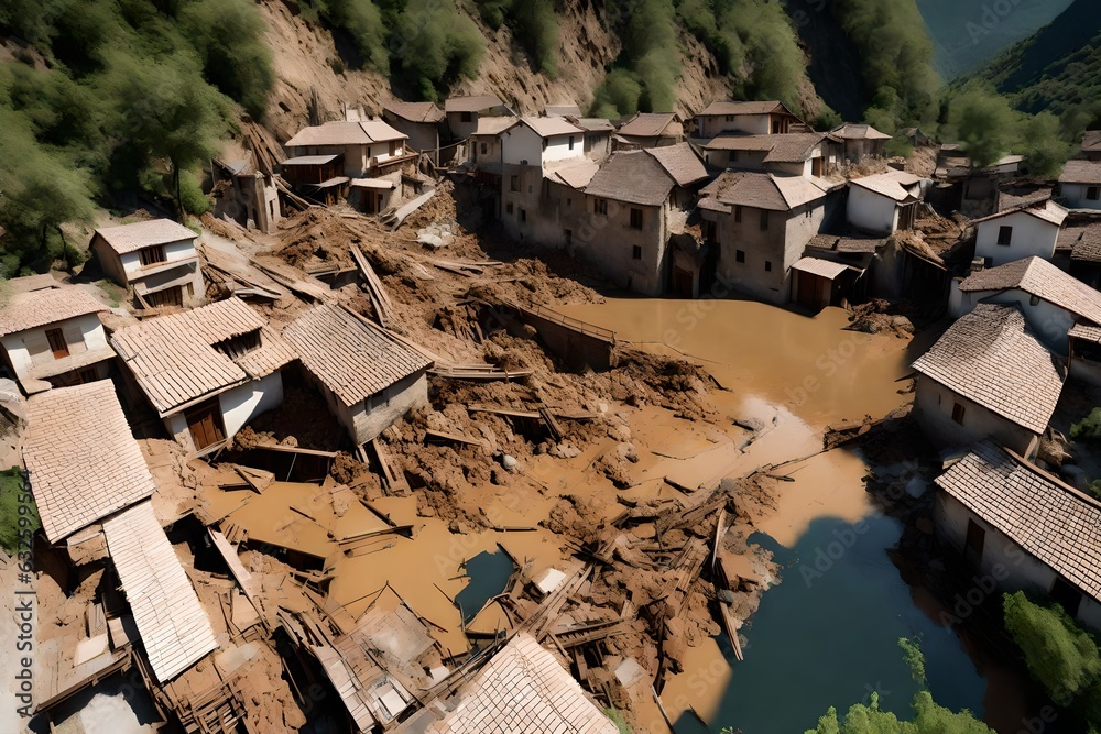 Foto de Mudflow mudflow, destruction of a town in a mountain gorge ...