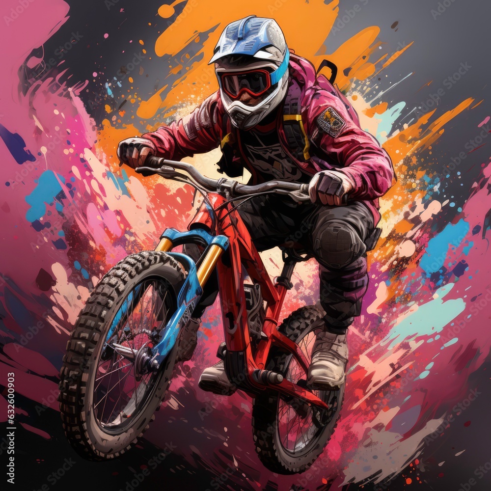 Bmx flat bike trick, artwork, graffiti style, eighties style. Generated ...