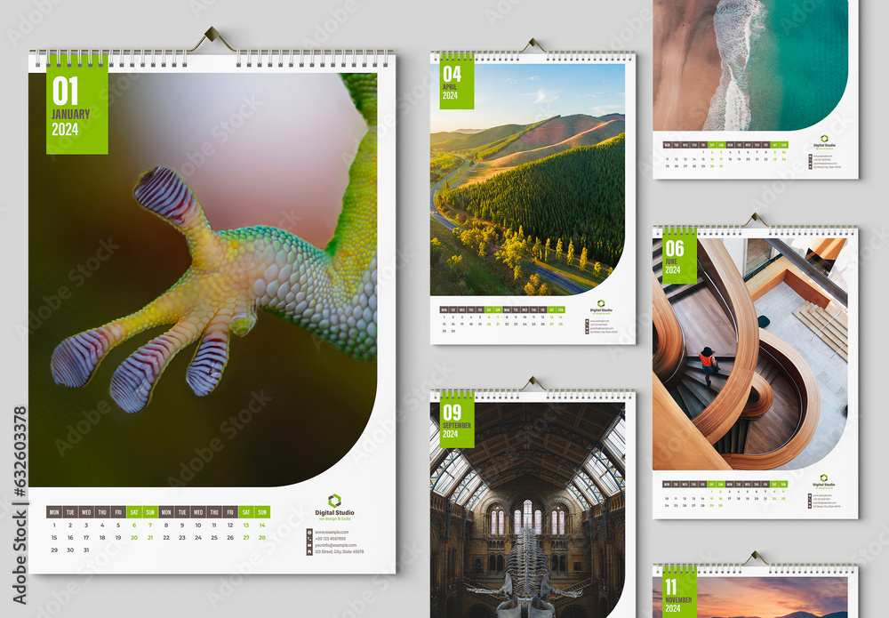 Wall Calendar 2024 Layout with Green Accents Stock Template | Adobe Stock