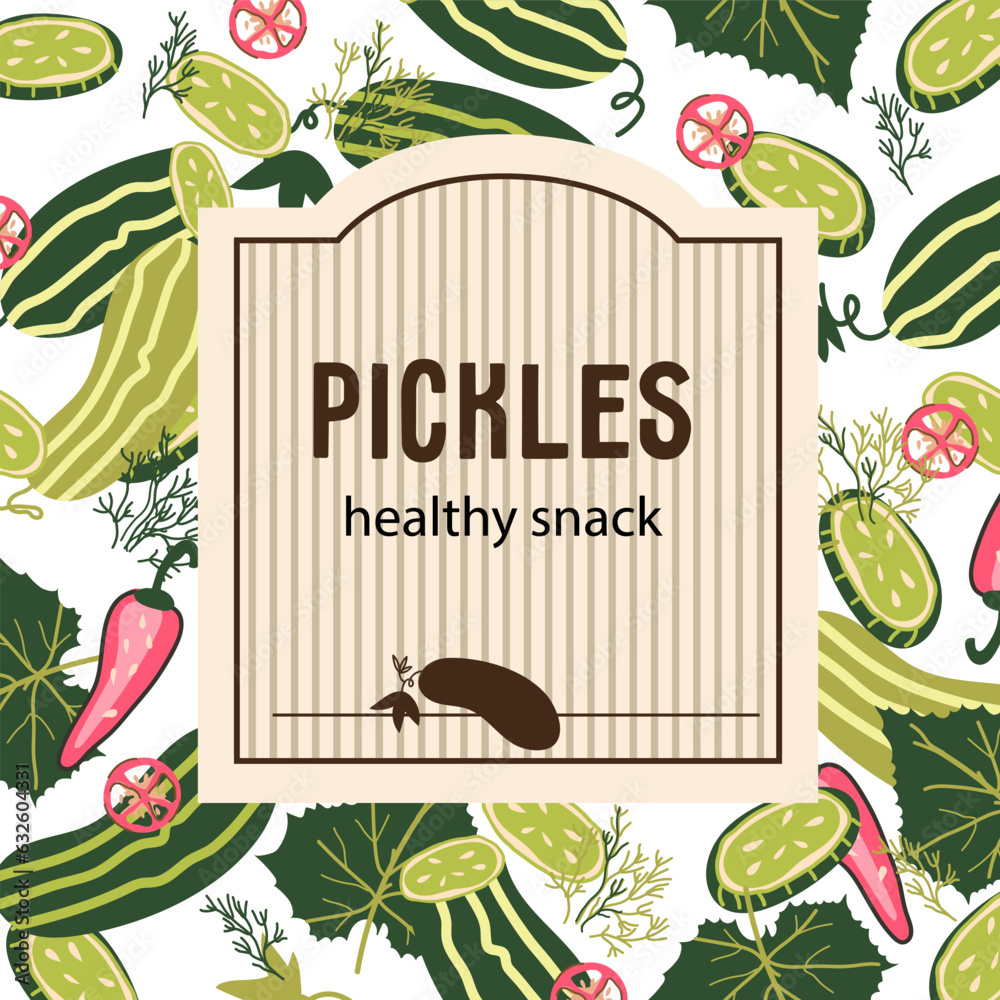 Pickled cucumbers label or sticker design for food packaging and ...