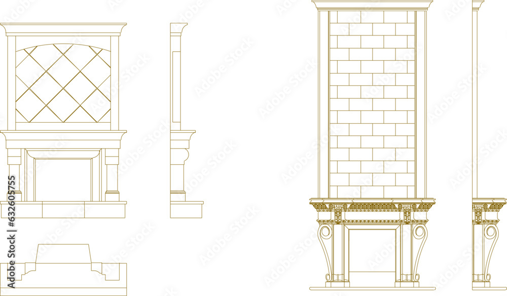 Vector sketch illustration of classic detailed fireplaces design for ...