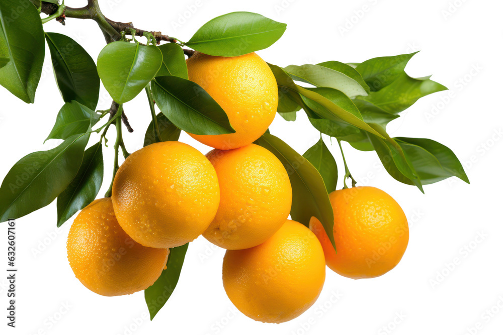 Orange fruits and green leaves isolated on white transparent background ...