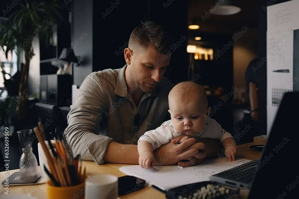Man works in an office and brings his baby to work. Family friendly ...