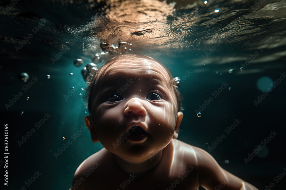 Baby swimming photographed from underwater or baby diving. Generative ...