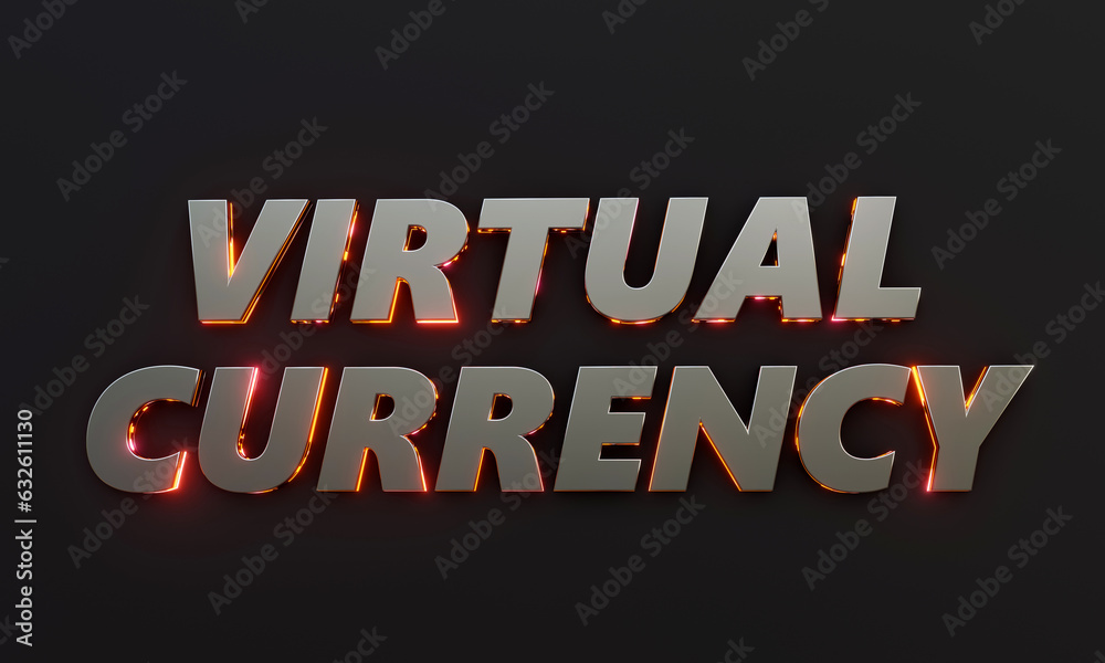 Word "Virtual Currency" is written on dark background with cinematic ...