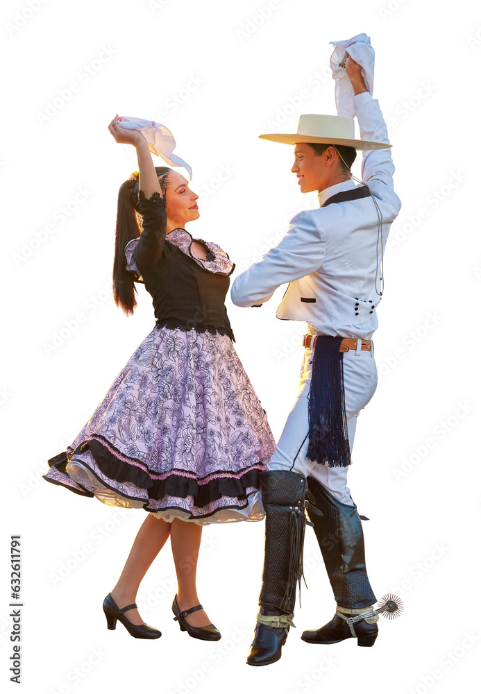 full body portrait young adult latin american couple dancing cueca ...