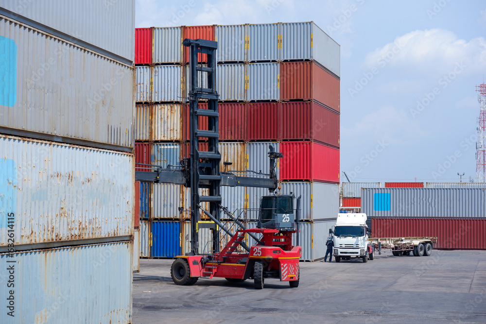 forklift truck Container boxes in a logistic yard with a stack of ...