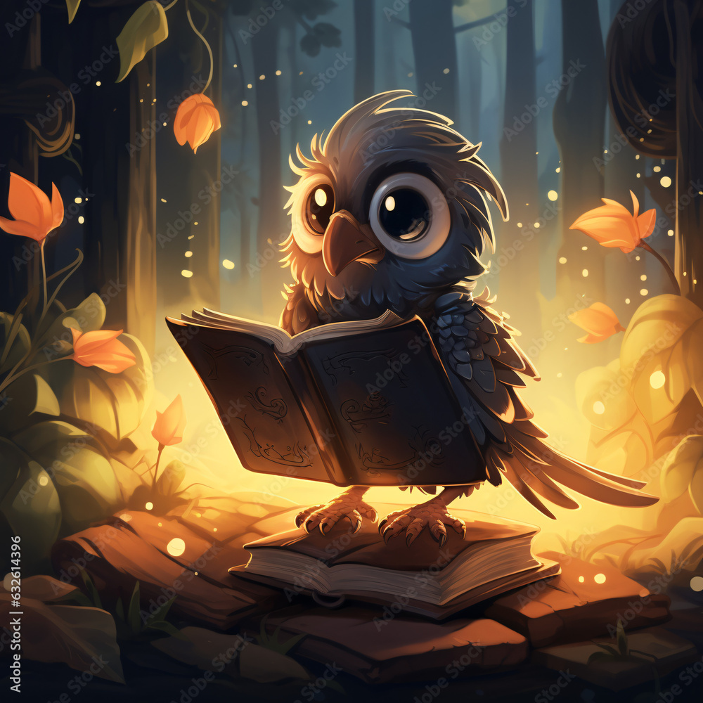 Step into a world of curiosity as a little crow sits and reads a book ...
