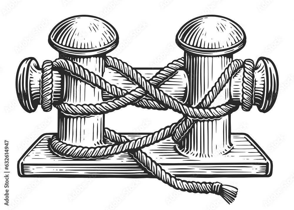 Mooring bollard with ship rope. Marine concept. Sketch vintage ...