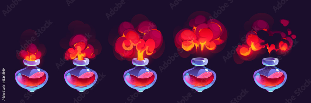 Red laboratory game potion icon animation with fire smoke. Ui sprite ...