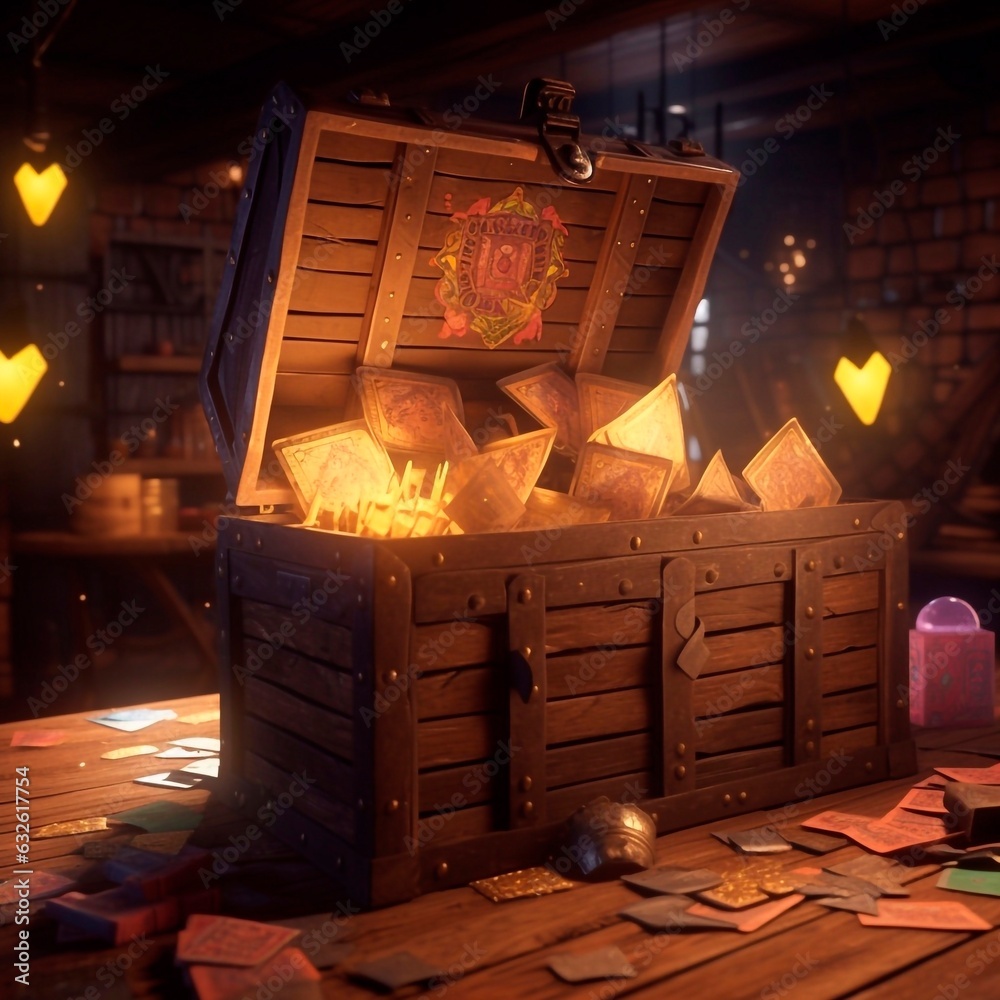 Magical treasure chest in the attic in the dark. Magic treasure chest ...