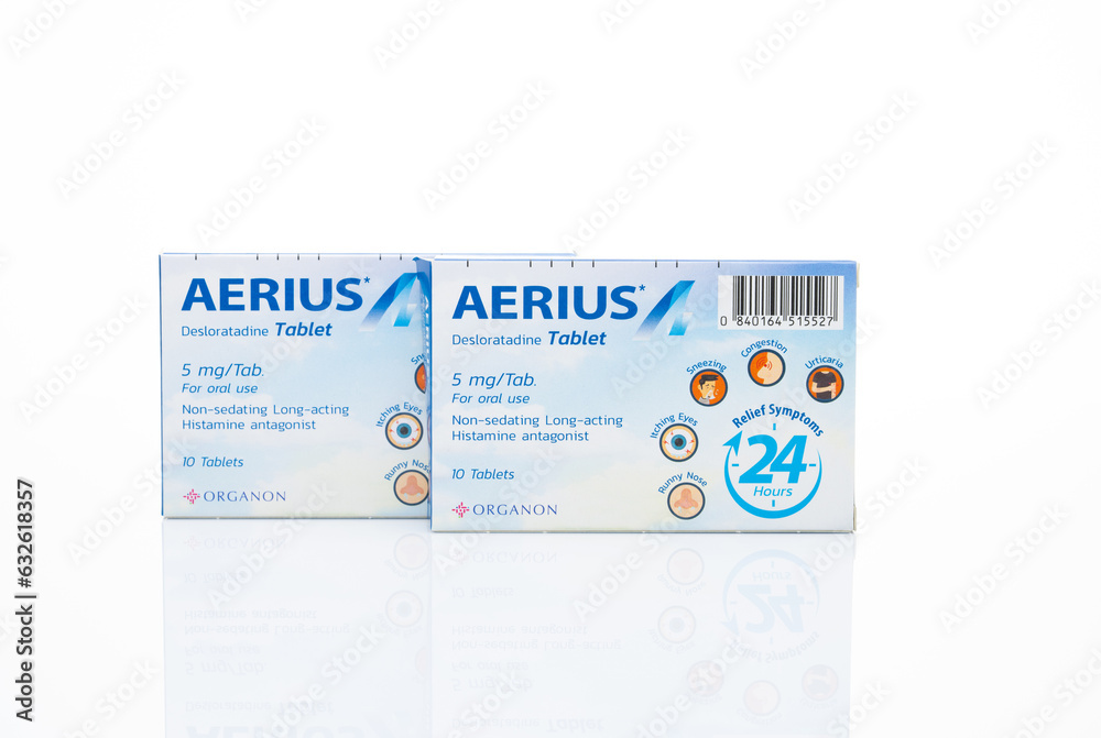 CHONBURI, THAILAND-MAY 3, 2023: Aerius with packaging on white ...
