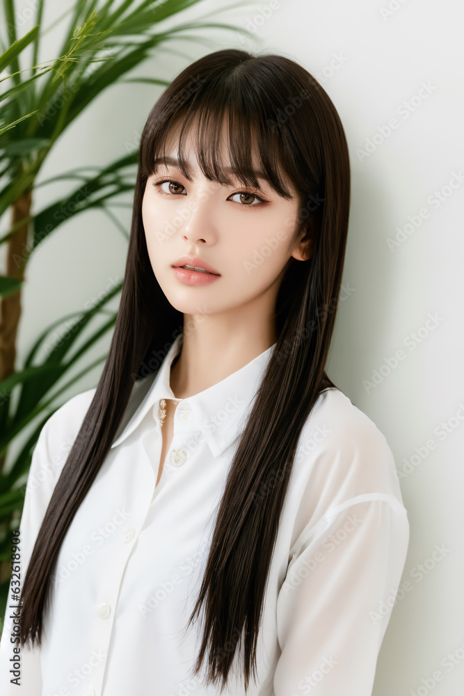 Portrait of beautiful Japanese girl with white button down with ...