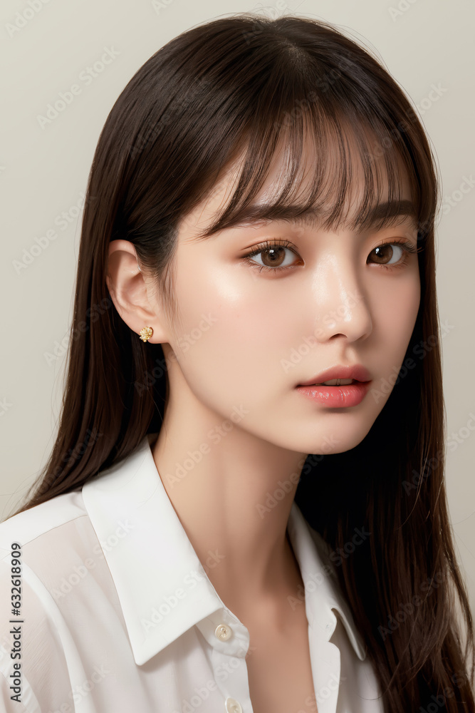 Portrait of beautiful Japanese girl with white button down with ...