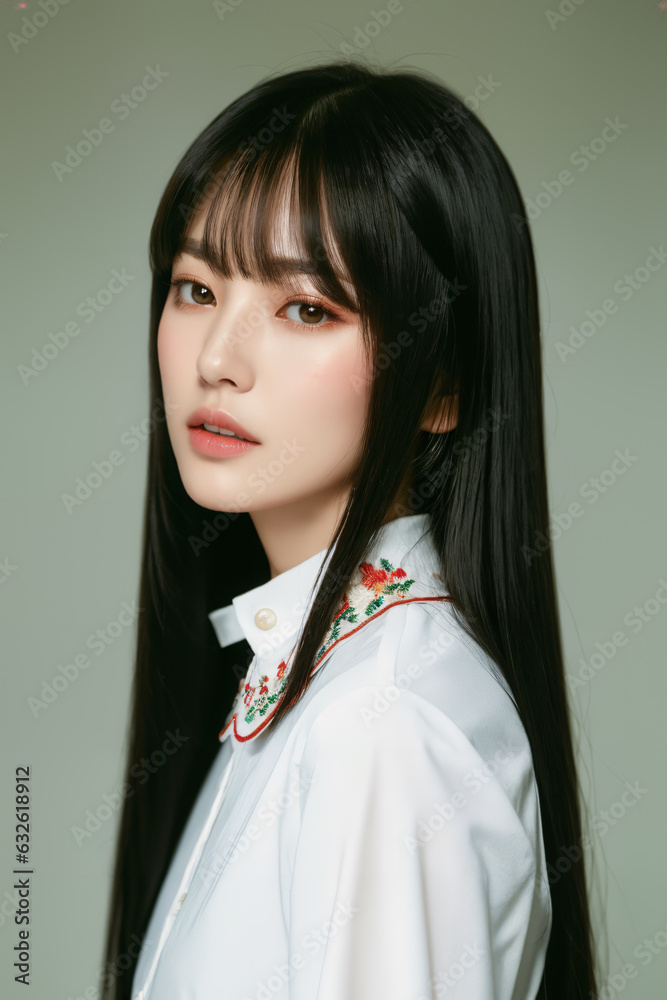 Portrait of beautiful Japanese girl with white button down with ...