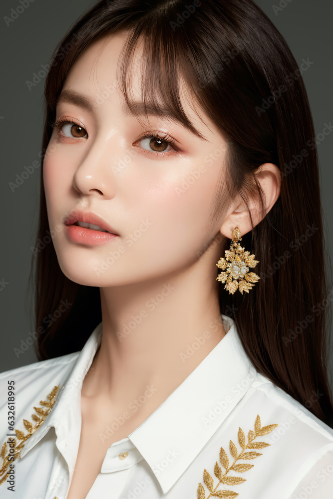 Portrait of beautiful Japanese girl with white button down with ...