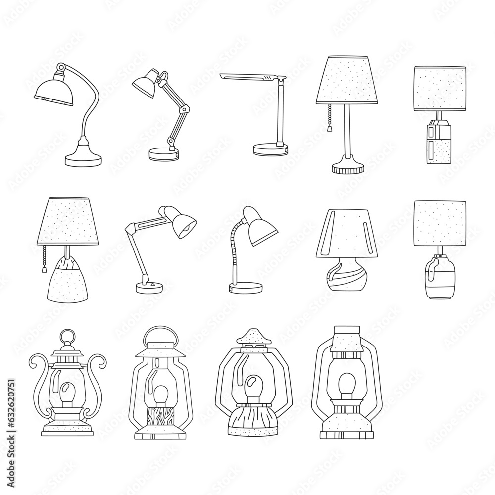 Doodle lamp set. Vector set of home lamps, lantern, and table lamps in ...