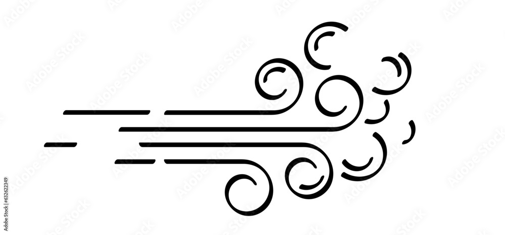 Cartoon puff of wind blow line symbol. Set, blowing wind, weather ...