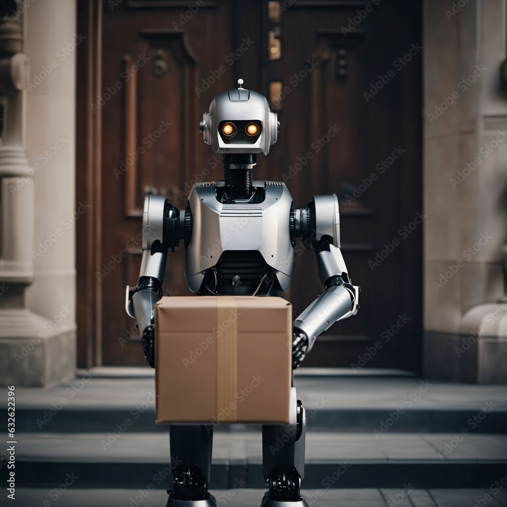 Humanoid android delivery robot service. Parcel box. Package delivery ...
