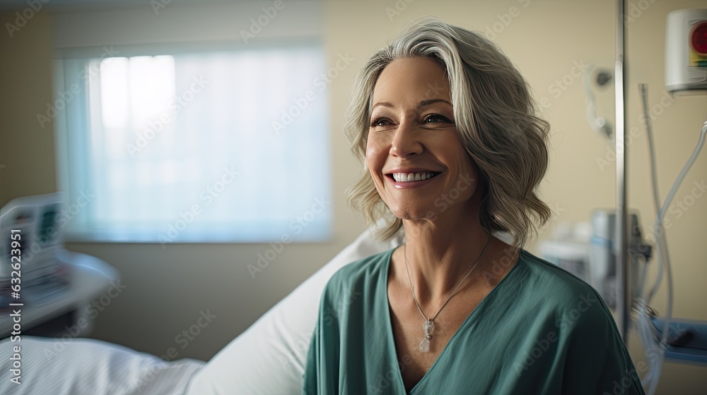 a radiant, mature American female patient in a clinic hospital room ...