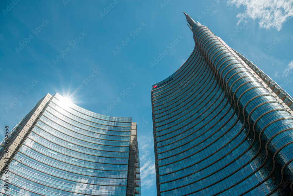 Unicredit tower, square Gae Aulenti, Milan, Italy. 8/8/2023.. View of the Unicredit tower, the ...