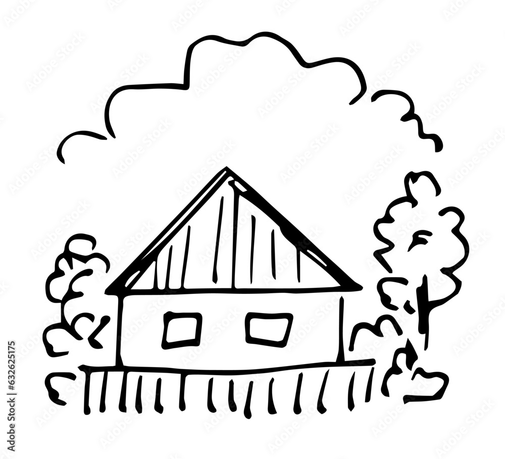 Simple vector drawing in doodle style. Village house, rural landscape ...