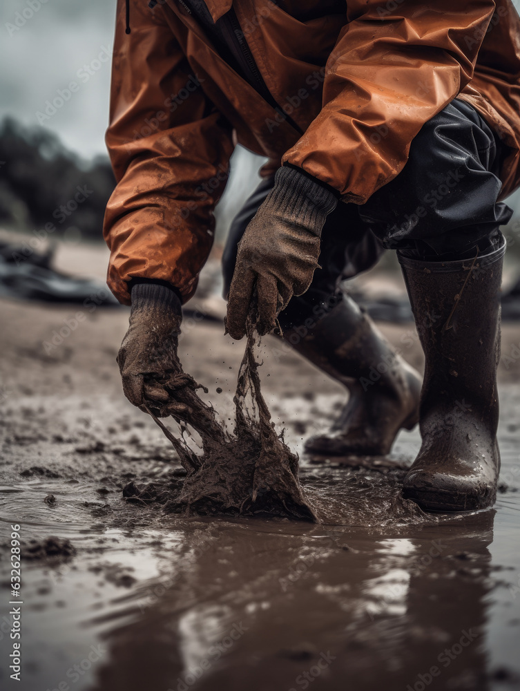 Foto de Man in an orange rain jacket and rubber boots is picking up mud ...