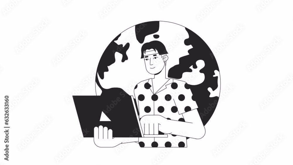 Connected anywhere bw outline 2D animation. Telework male 4K video ...