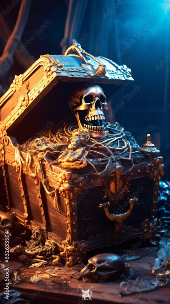 Haunted shipwreck with skeletal pirate captain guarding cursed treasure ...