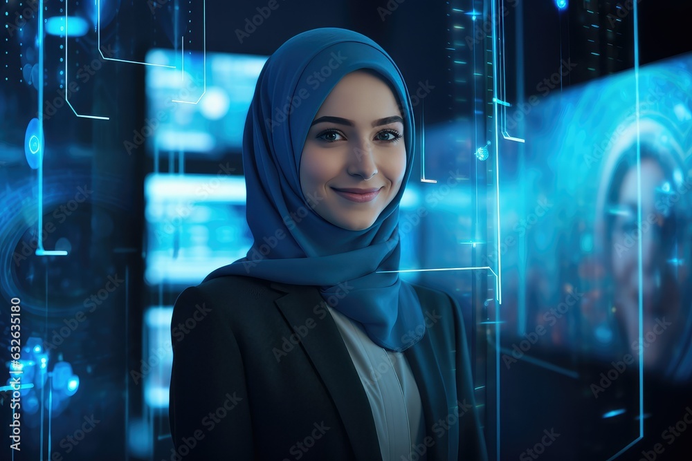 Muslim Hijabi Cybersecurity expert smiling at the camera, Futuristic ...