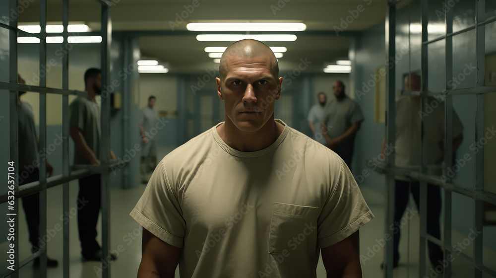 Young male inmate in prison uniform, man with shaved head portrait ...