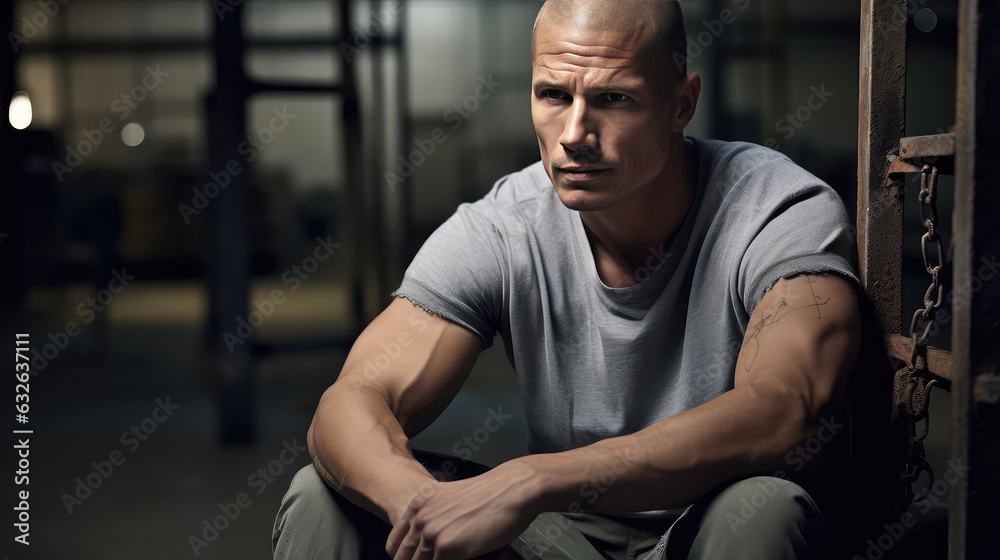 Young male inmate in prison uniform, man with shaved head portrait ...
