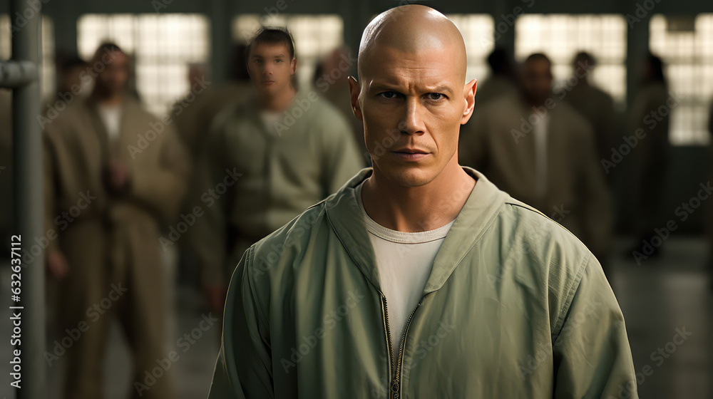 Young male inmate in prison uniform, man with shaved head portrait ...