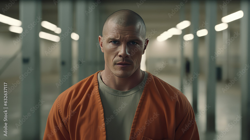 Young male inmate in prison uniform, man with shaved head portrait ...