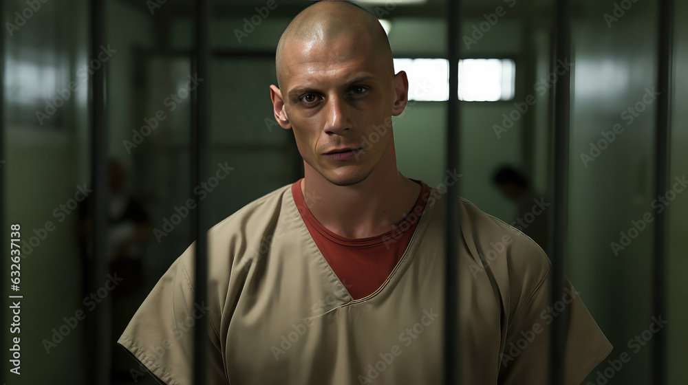 Young male inmate in prison uniform, man with shaved head portrait ...