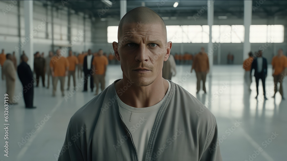 Young male inmate in prison uniform, man with shaved head portrait ...