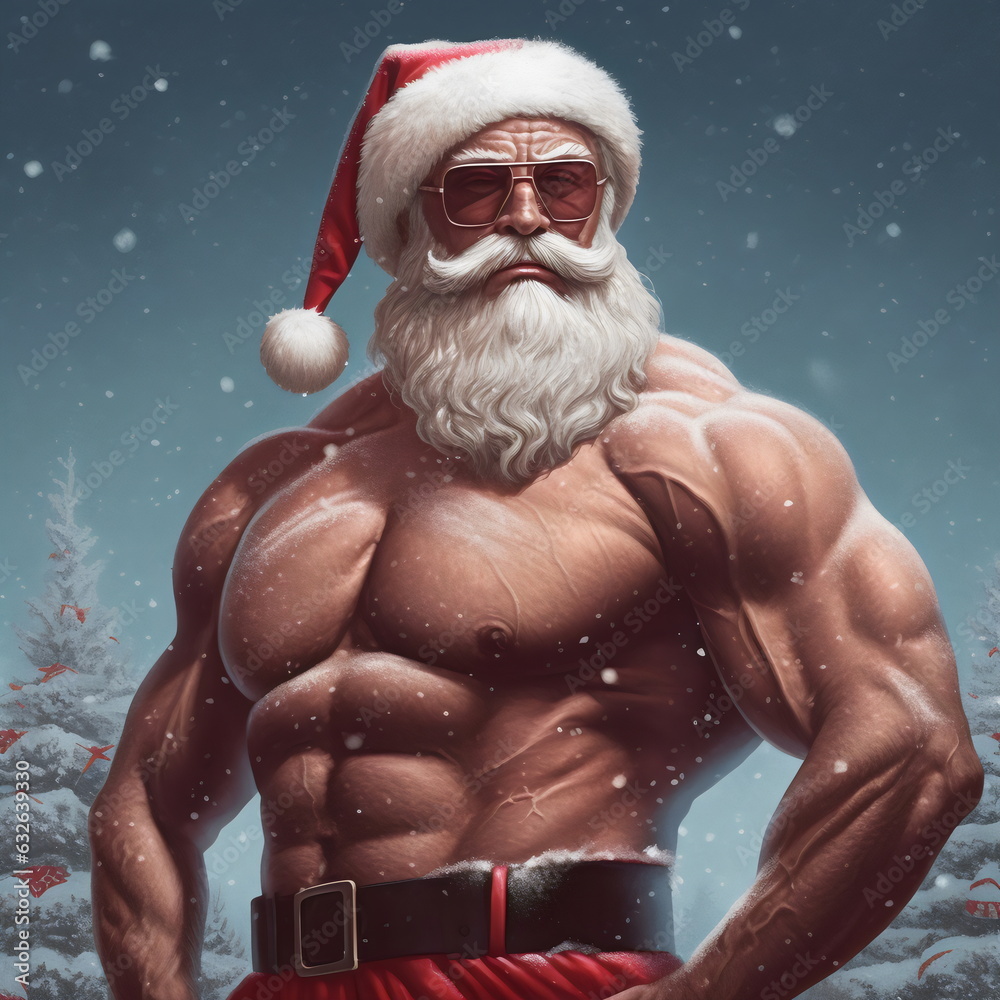 body builder santa claus with huge chest muscles standing shirtless in ...