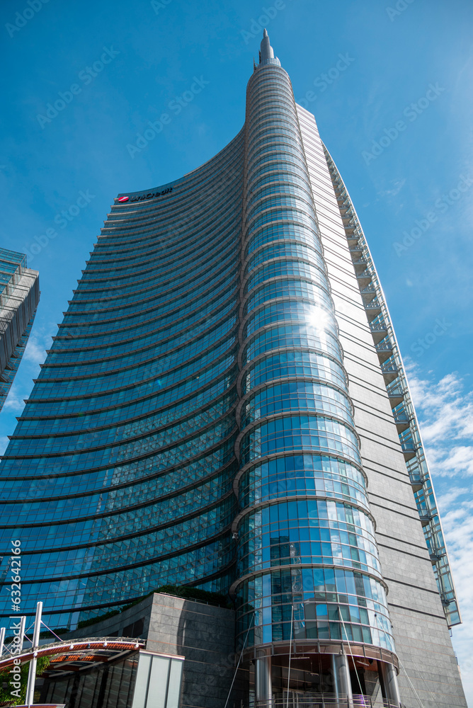 Unicredit tower, square Gae Aulenti, Milan, Italy. 8-8-2023. View of ...