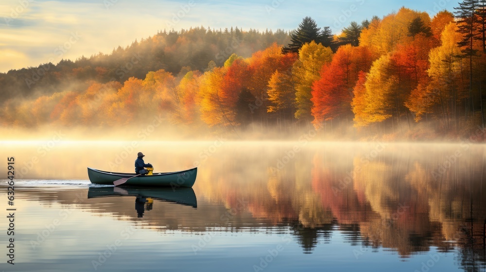 canoe fisherman solo on glassy mirror-like lake reflecting fall foliage ...