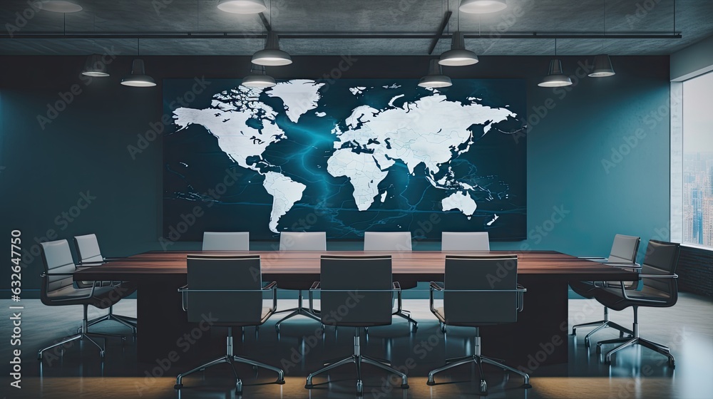 world map hung on wall in conference room generative AI Stock ...