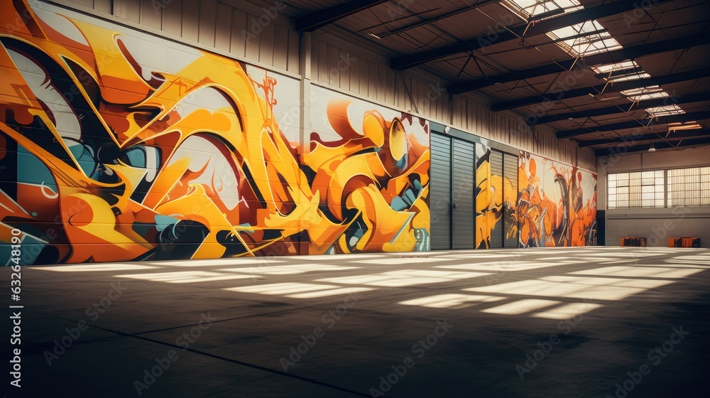 abstract graffiti shapes and patterns covering the surfaces of a vacant ...