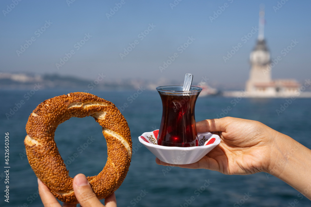 Turkish Tea (Türk Cayi) and Turkish Bagel(Turk Simit) in front of the ...