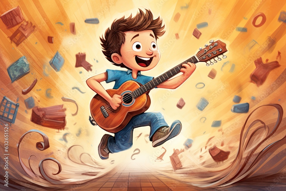 Exciting cartoon drawing of young boy learning to play his guitar Stock ...