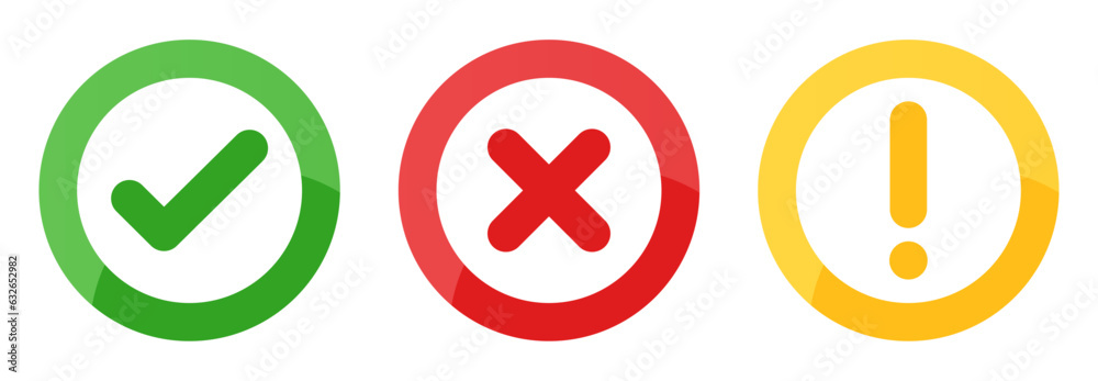 Vetor de Right, Wrong, Exclamation mark color. Vector set of flat round ... Vetor de Right, Wrong, Exclamation mark color. Vector set of flat round ...