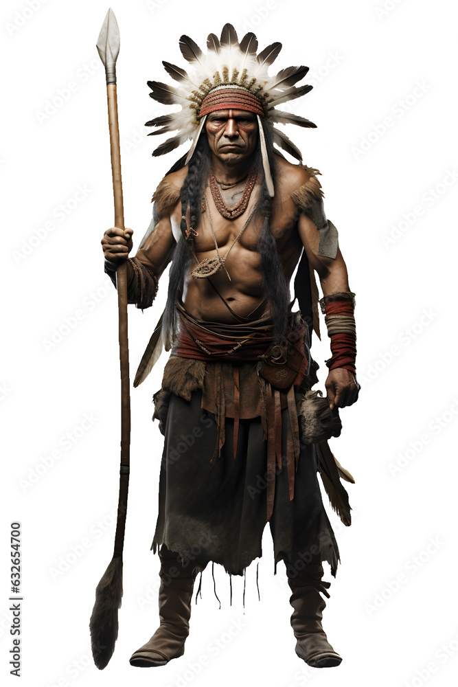 Tribal Indian warrior, native American tribe man isolated on ...
