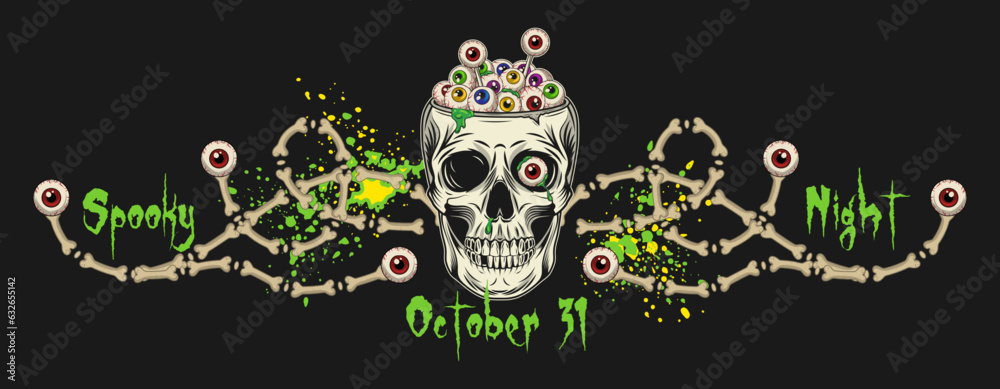 Halloween banner, border with swirls made of bones, bright green ...