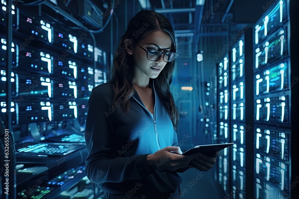 Collection and storage of large amounts of data. A young woman stands ...