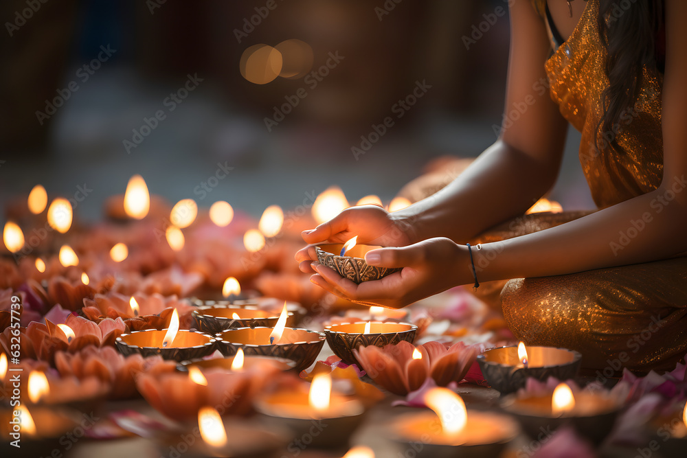 Diya Lighting: Close-up shots of hands lighting diyas, creating a warm ...