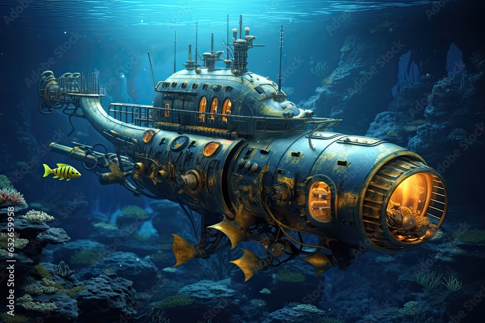 Spaceship underwater in deep blue sea. 3D rendering. a fantasy ...
